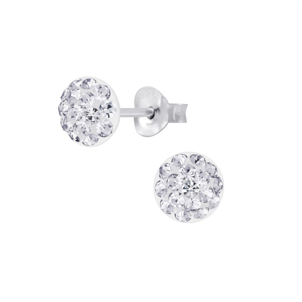 Silver Round Crystal Stud Earrings - 925 Silver Jewelry